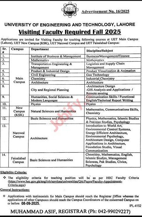 UET Lahore – Visiting Faculty Opportunity (Fall 2025) – Department of Civil Engineering